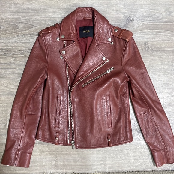 Maje | Jackets & Coats | Maje Deep Red Maroon Leather Moto Motorcycle ...
